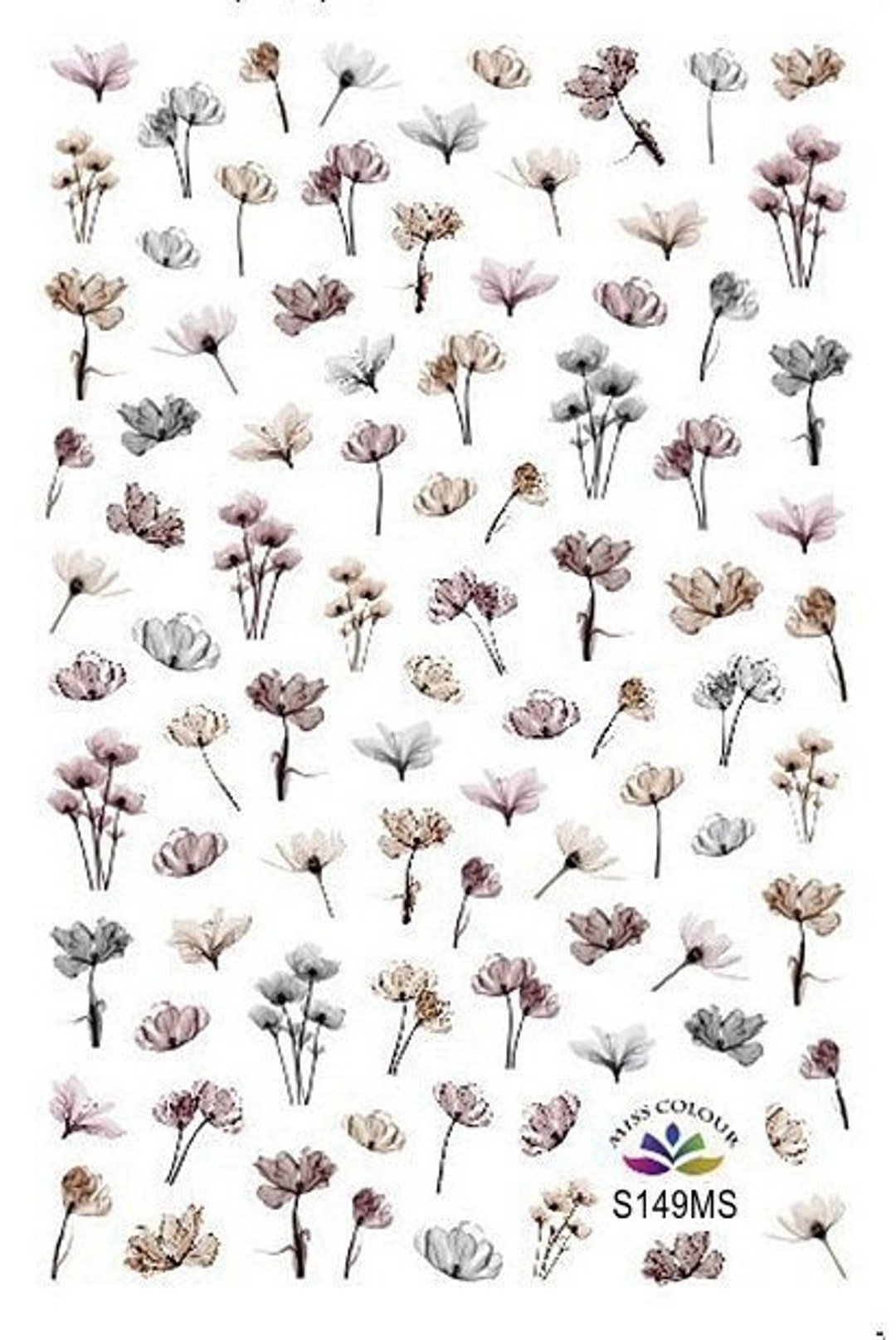 Vintage Flowers Nail Art Decals Stickers Water Effect Flowers Brown ...