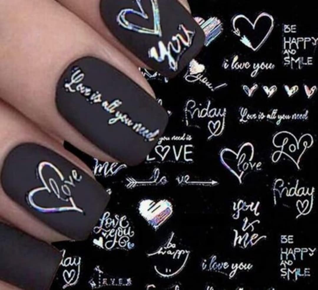 Word Letter Love Hearts Nail Art Stickers Valentines Silver Gold Heart ...