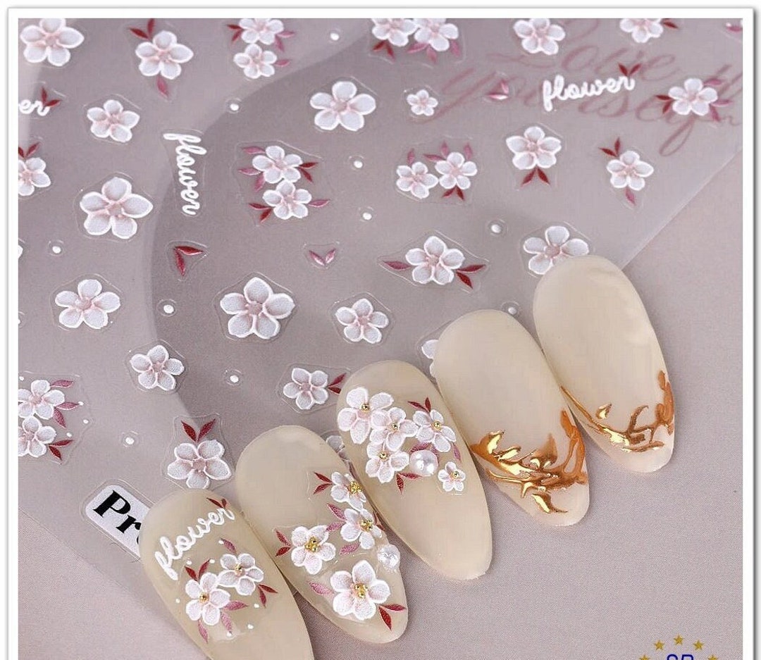 5D Embossed Nail Art Stickers Cherry Blossom White Spring Flowers ...