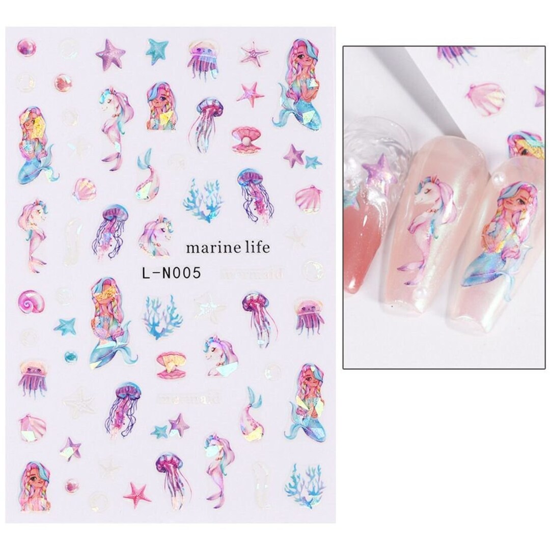 Marine Life Mermaid Nail Art Stickers Jellyfish Fish Tail Aurora ...