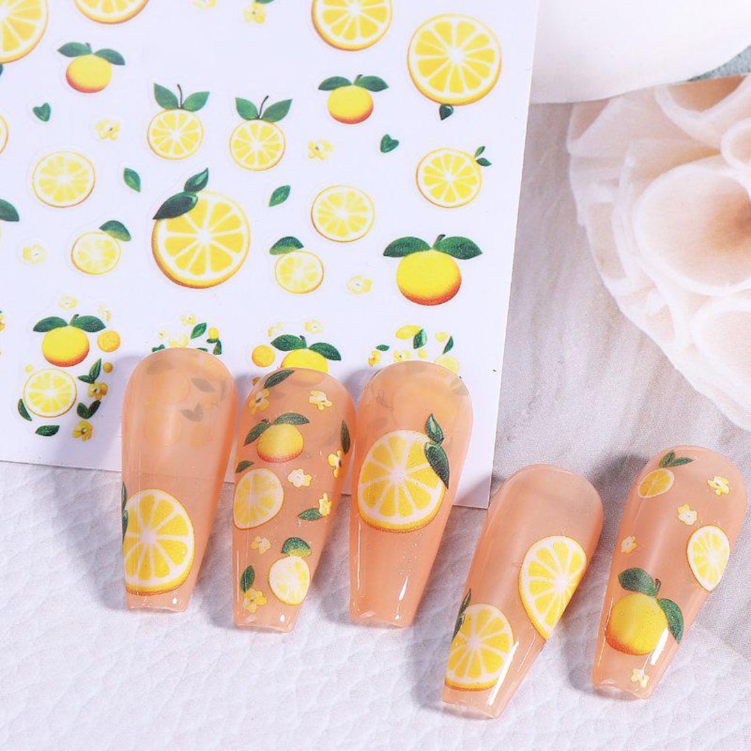 Lemon Nail Art Stickers Ripe Lemon Slice Yellow Citrus Fruit With Green ...