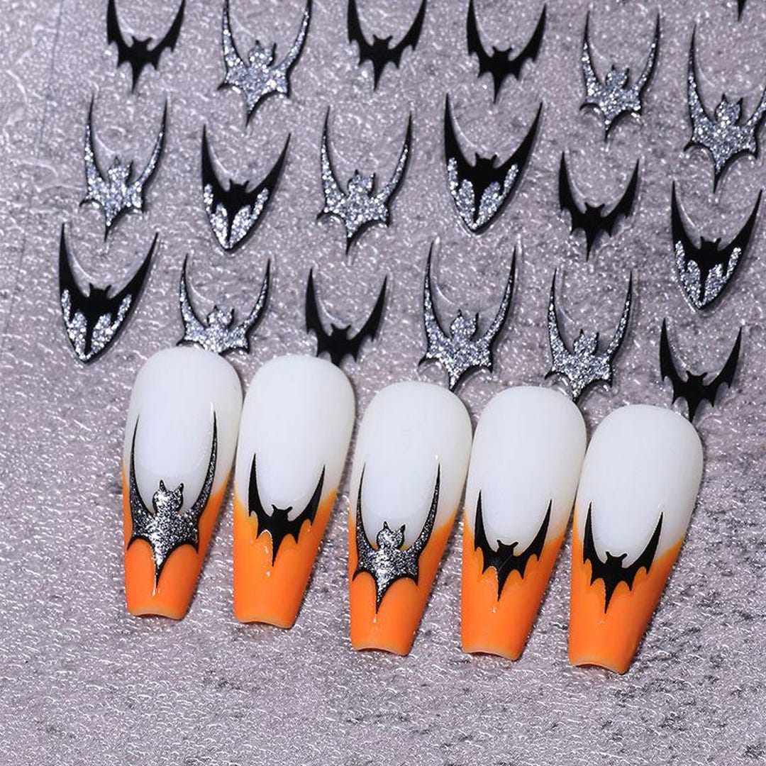 Glitter Silver Bat Nail Art Sticker Halloween Black Bats Silver Self ...