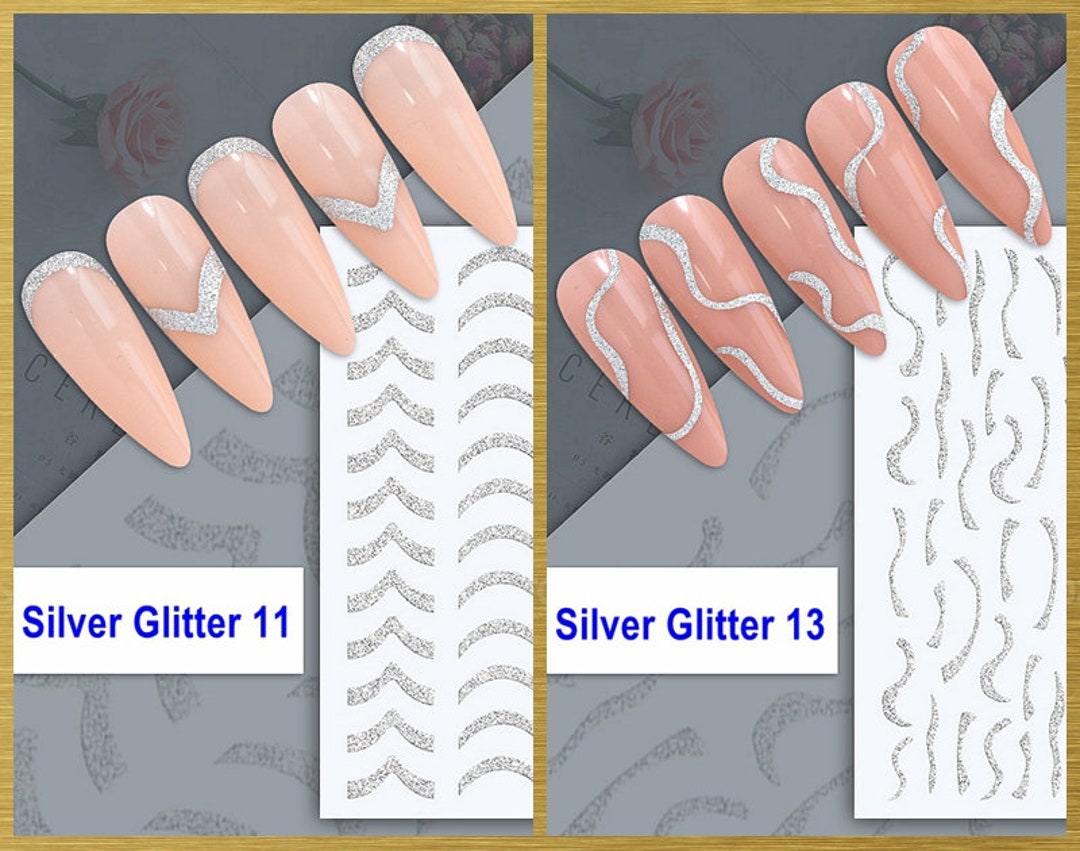 Silver Glitter French Nail Art Stickers Decals Swirls Wave French Tips ...