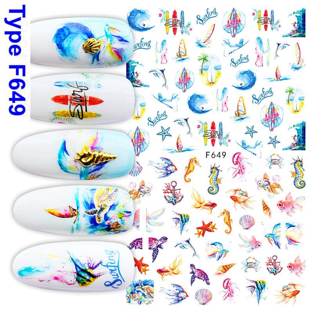 Ocean Fishes Mermaid Nail Stickers Sea Fishes Golden Fish Surf Shell ...