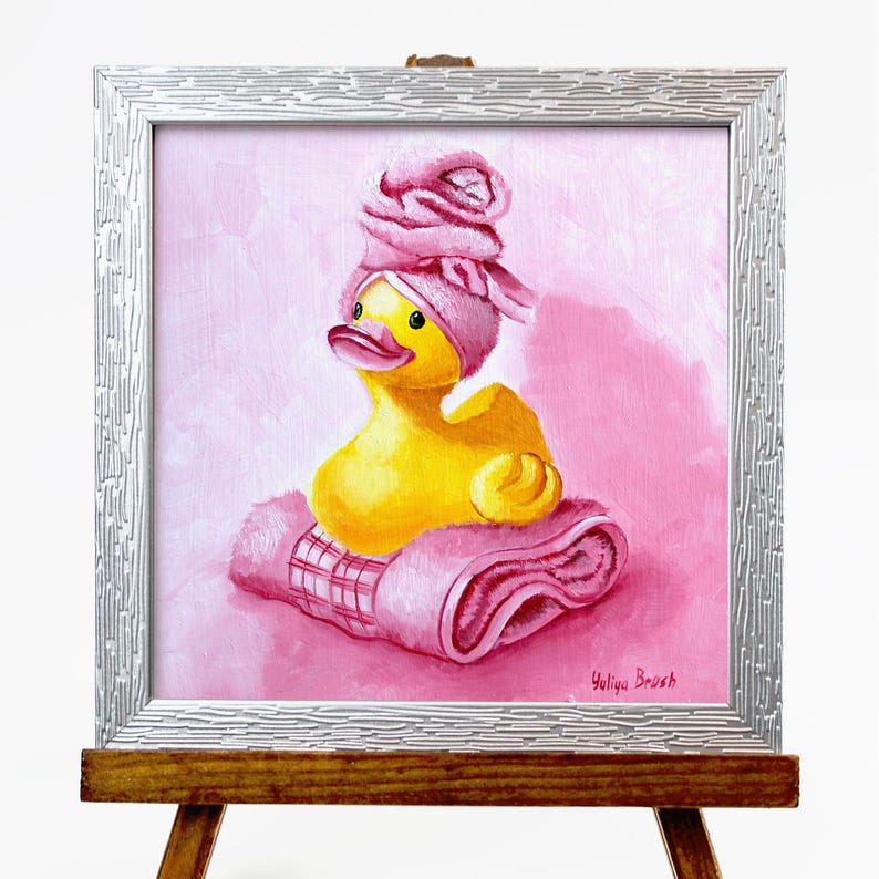Yellow Rubber Duck Painting, Pink Bathroom Wall Art, Original Oil ...