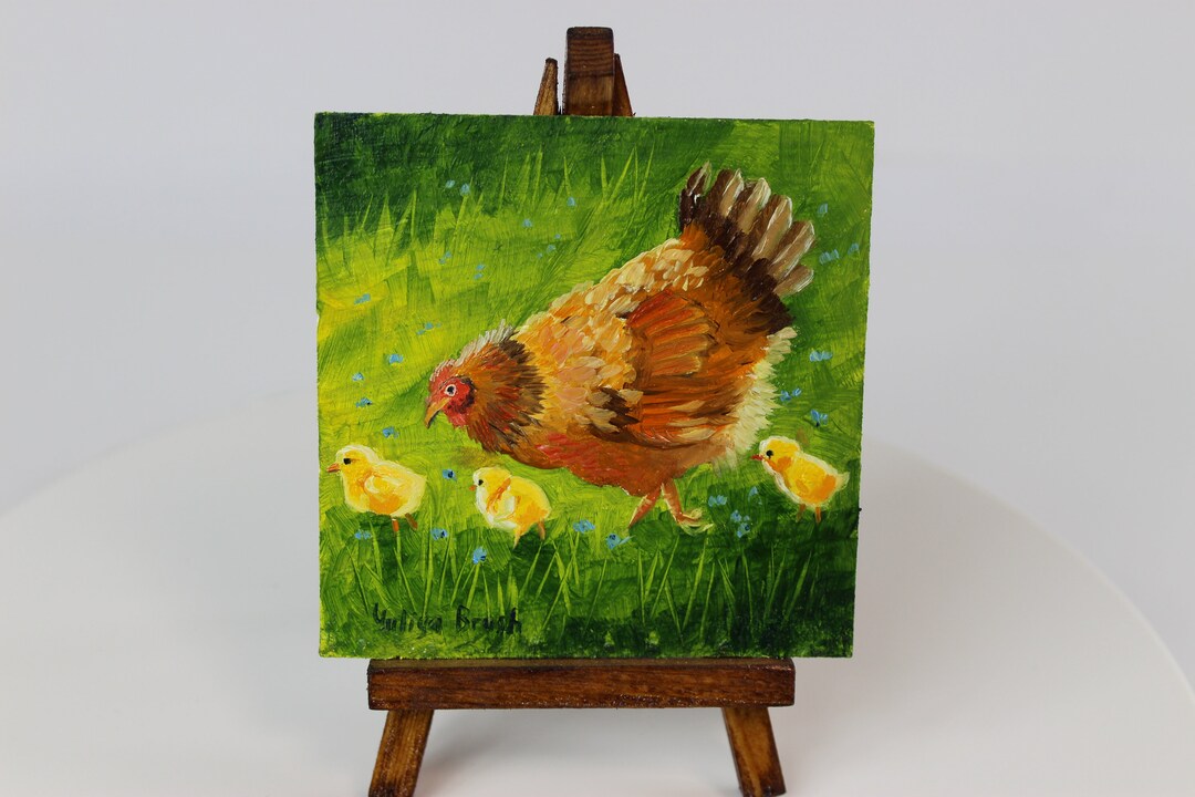 Hen and Chickens Oil Painting, Charming Chicken and Baby Chicks Wall ...