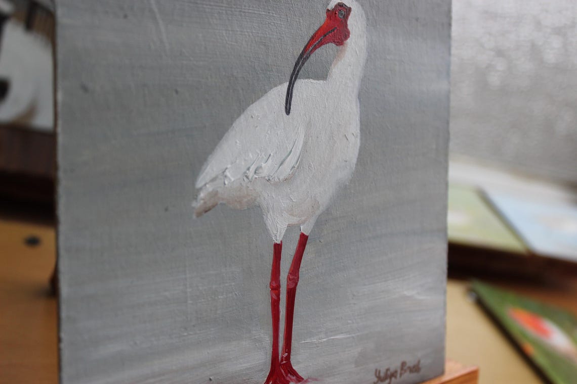 Hand-painted Ibis Bird Painting: Miniature Art, Unique Decor (6x6 Inch ...