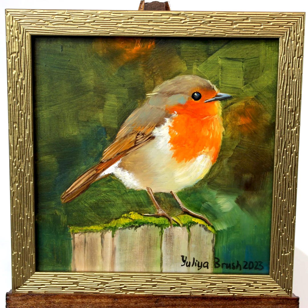 Original Robin Oil Painting: Retro Style Bird Art (6x6 Inch) - Etsy