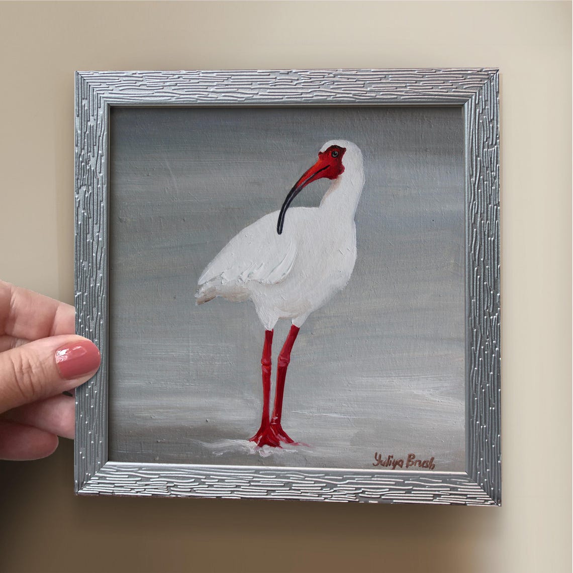 Hand-painted Ibis Bird Painting: Miniature Art, Unique Decor (6x6 Inch ...