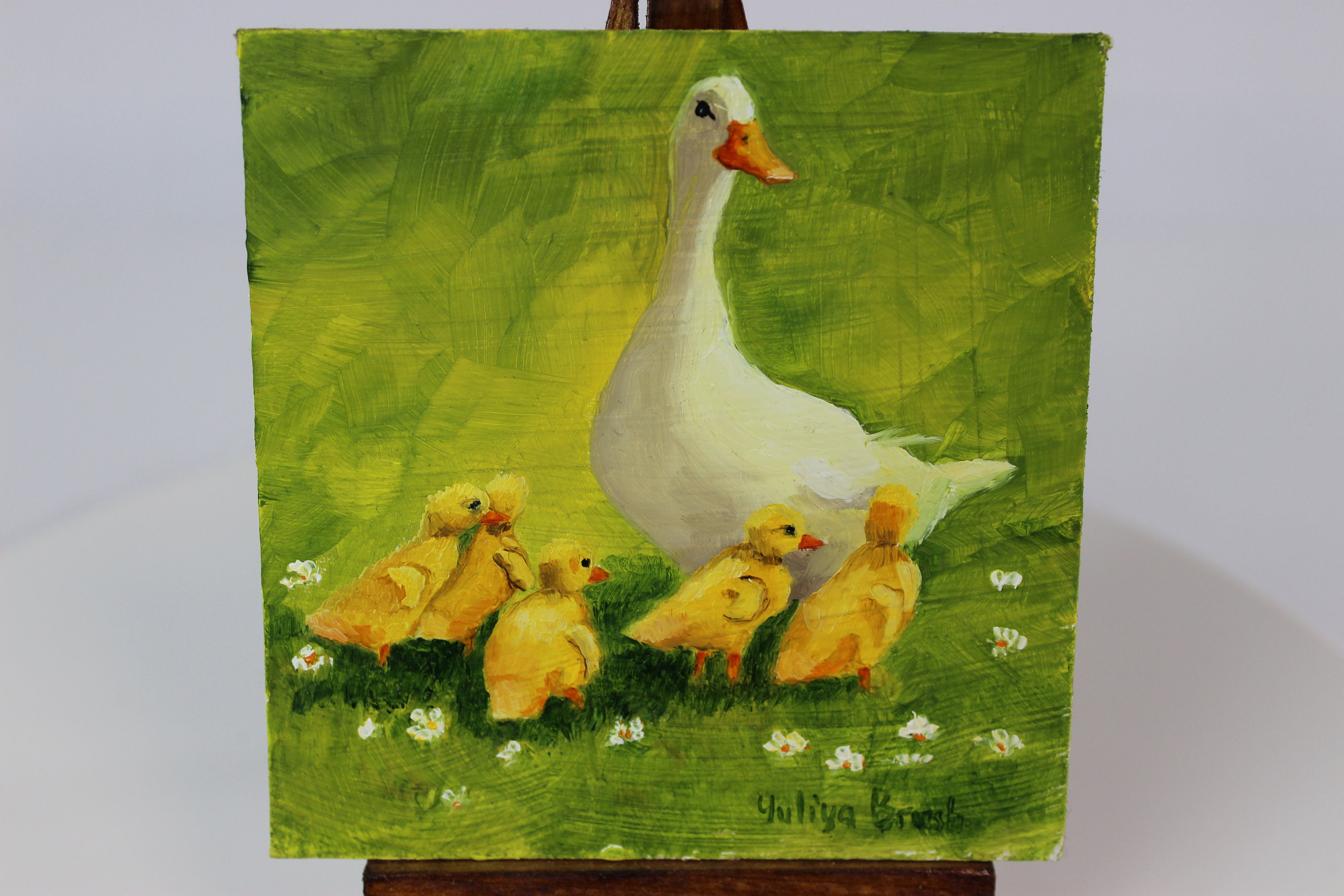 Goose and Goslings Oil Painting: Farmhouse Kids Room Decor (4x4 Inch ...
