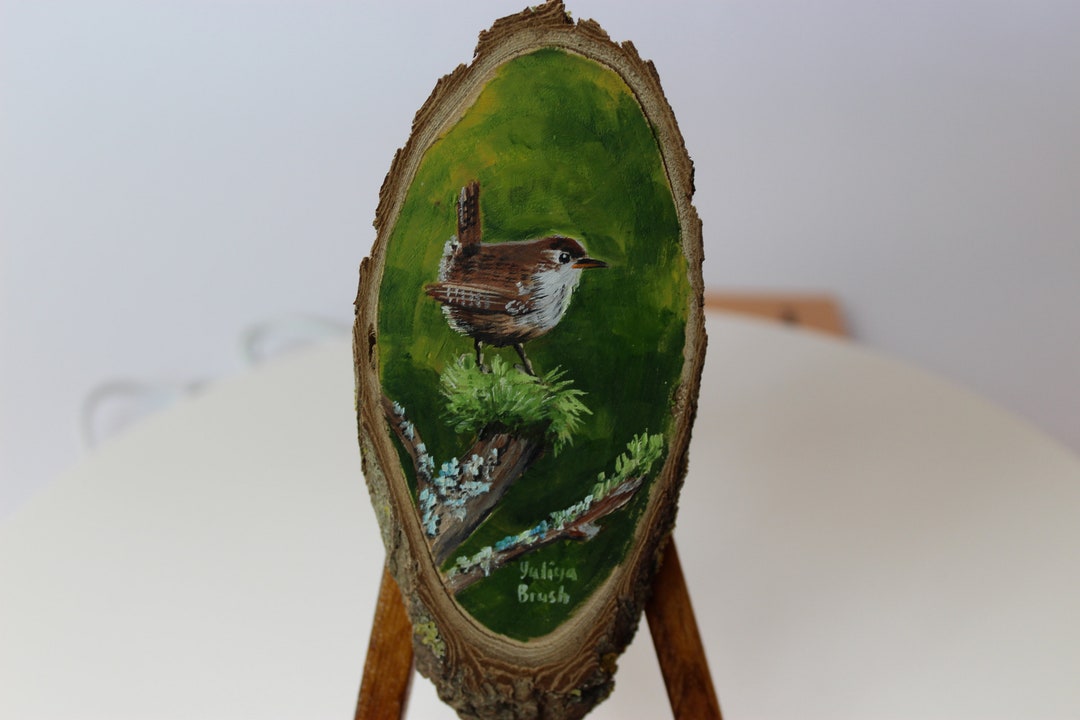 Hand Painted Wood Slice Miniature Painting, Eurasian Wren Oil Painting ...