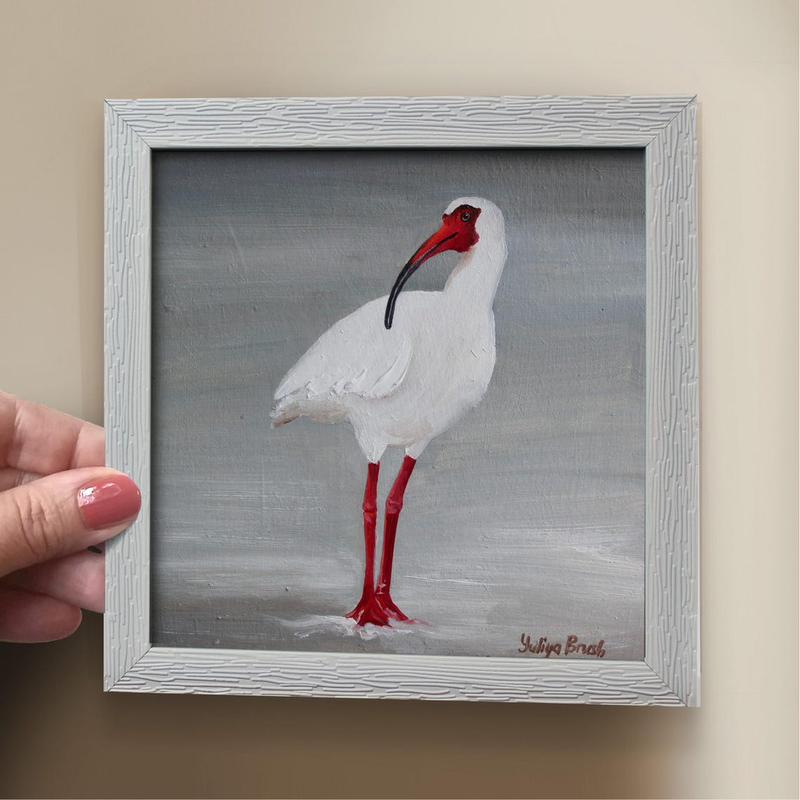 Hand-painted Ibis Bird Painting: Miniature Art, Unique Decor (6x6 Inch ...