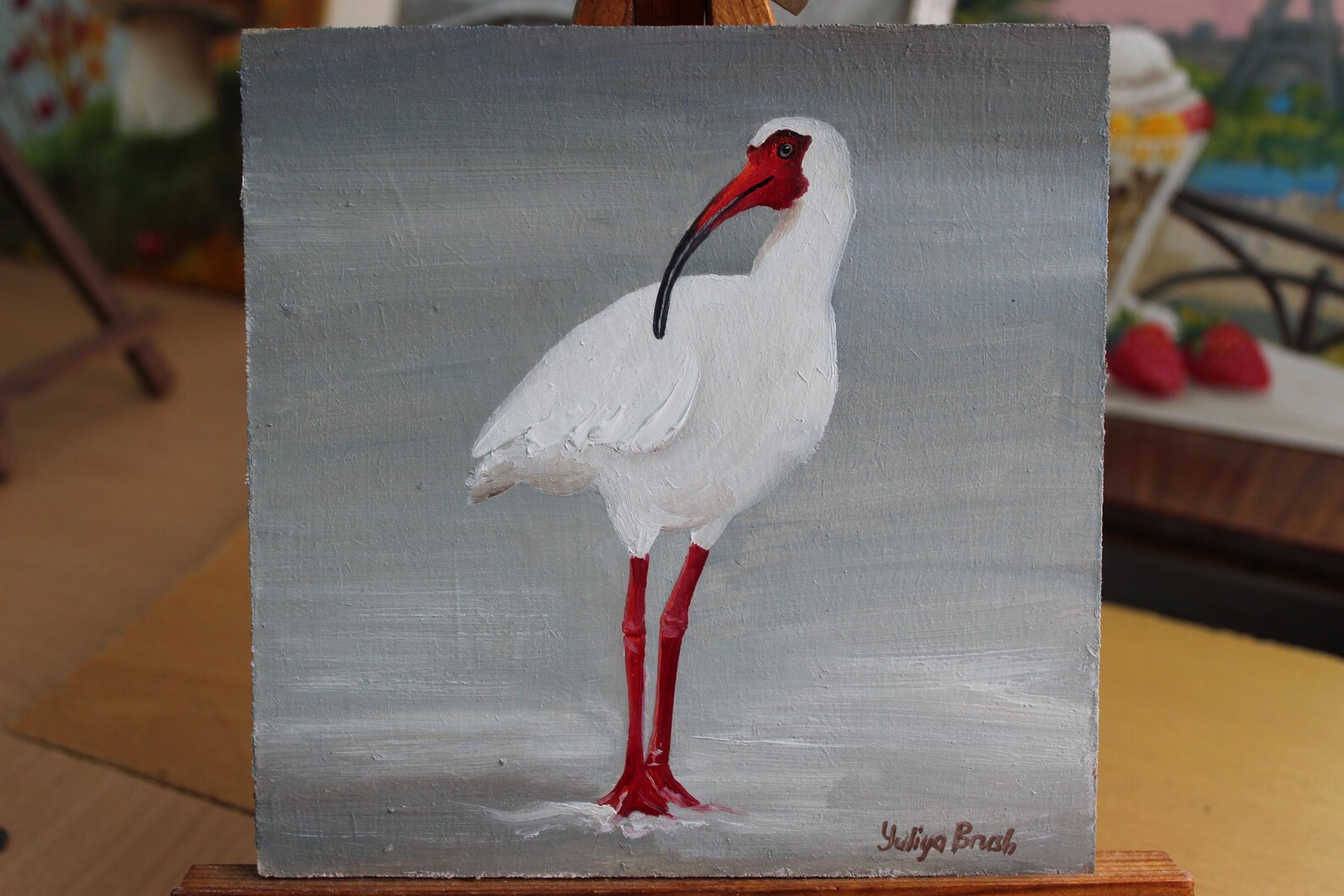 Hand-painted Ibis Bird Painting: Miniature Art, Unique Decor (6x6 Inch ...