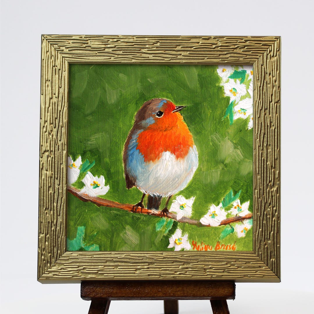 Original Robin Oil Painting, Miniature Bird Art (6x6 Inch) - Etsy