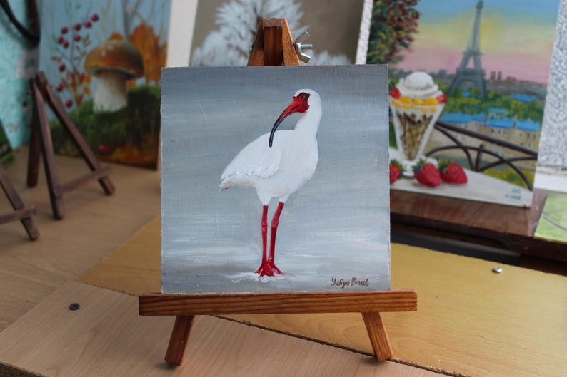 Hand-painted Ibis Bird Painting: Miniature Art, Unique Decor (6x6 Inch ...