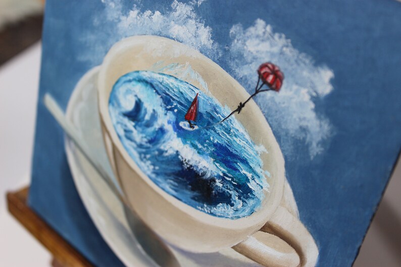 Ocean Waves Painting, Coffe Cup and Skydiver Painting, Ocean Waves Mini ...