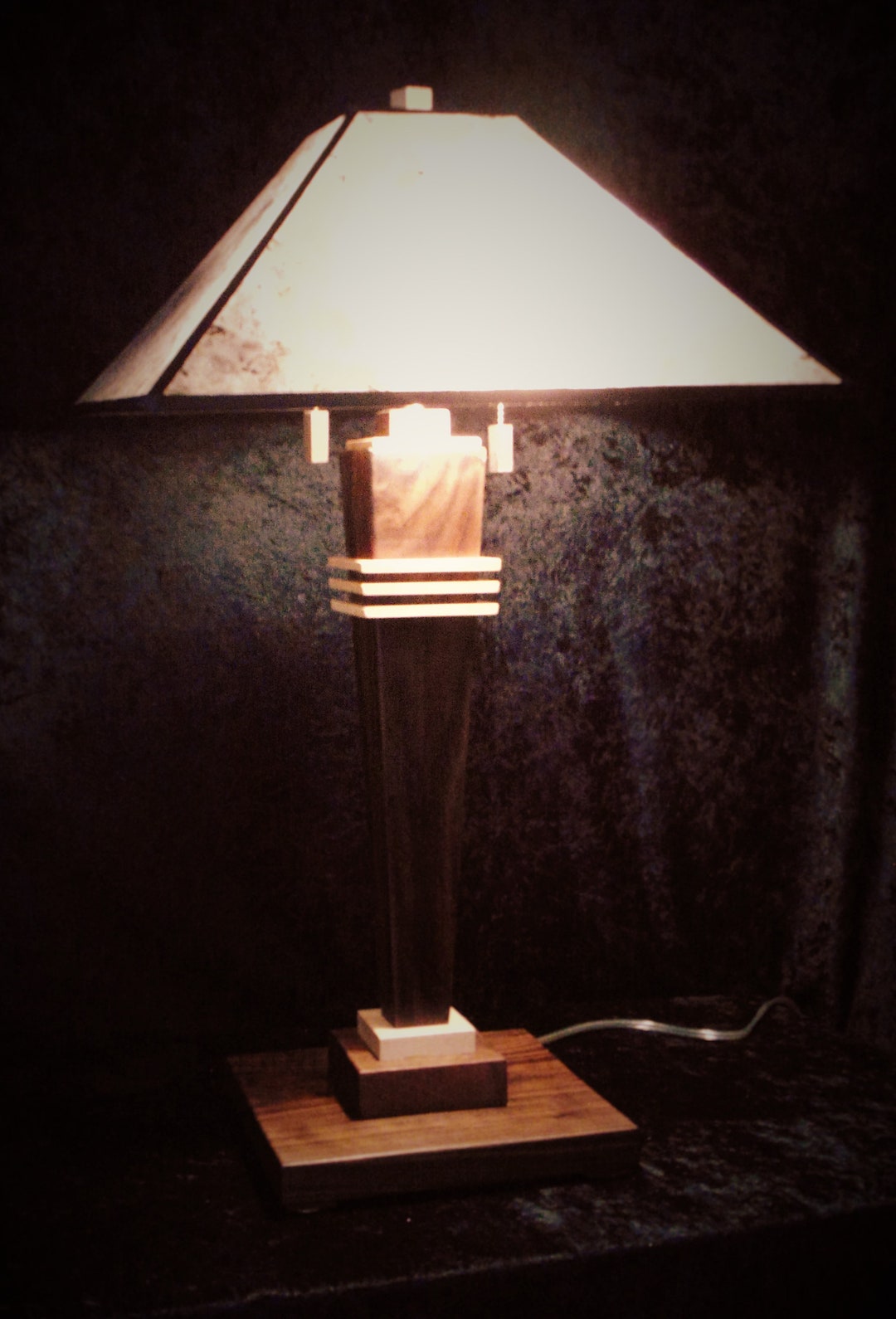 Table Lamp Half Moon Bay Shown in Walnut & Maple Trim Silver Mica Shade ...