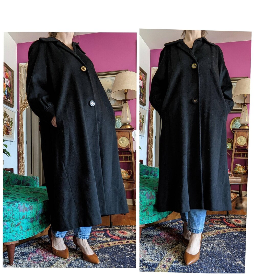 80s Vintage Overcoat Loose Fit Baggy Oversized Long Black Wool Overcoat ...