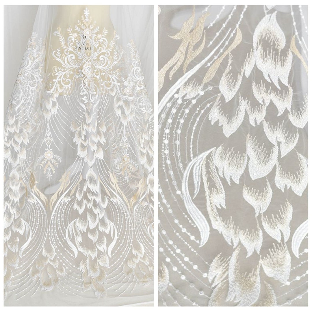 Lace Fabric by the Yard, Feather Design Embroidered Lace Fabric, French ...