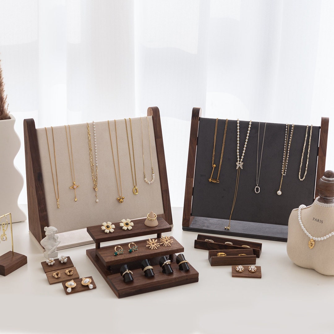 Black Walnut Jewelry Bracelet Necklace Display Stand Ramp Organizer ...