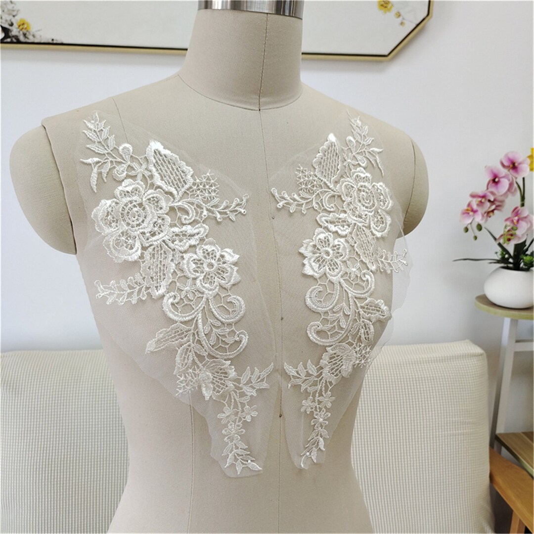 1 Pair Embroidered Lace Applique Patch, Wedding Dress Bridal Bodice ...