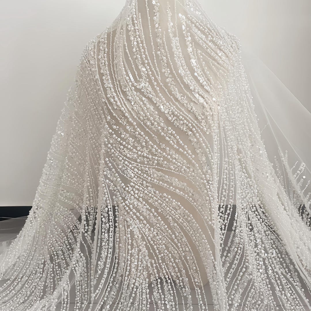 Beaded Embroidery Lace Fabric: Off-white Tulle, Bridal Wedding Dress ...
