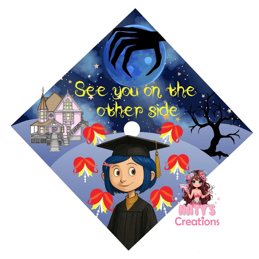 Graduation Cap Topper. Pink House Coraline Button Eye Girl Printed ...