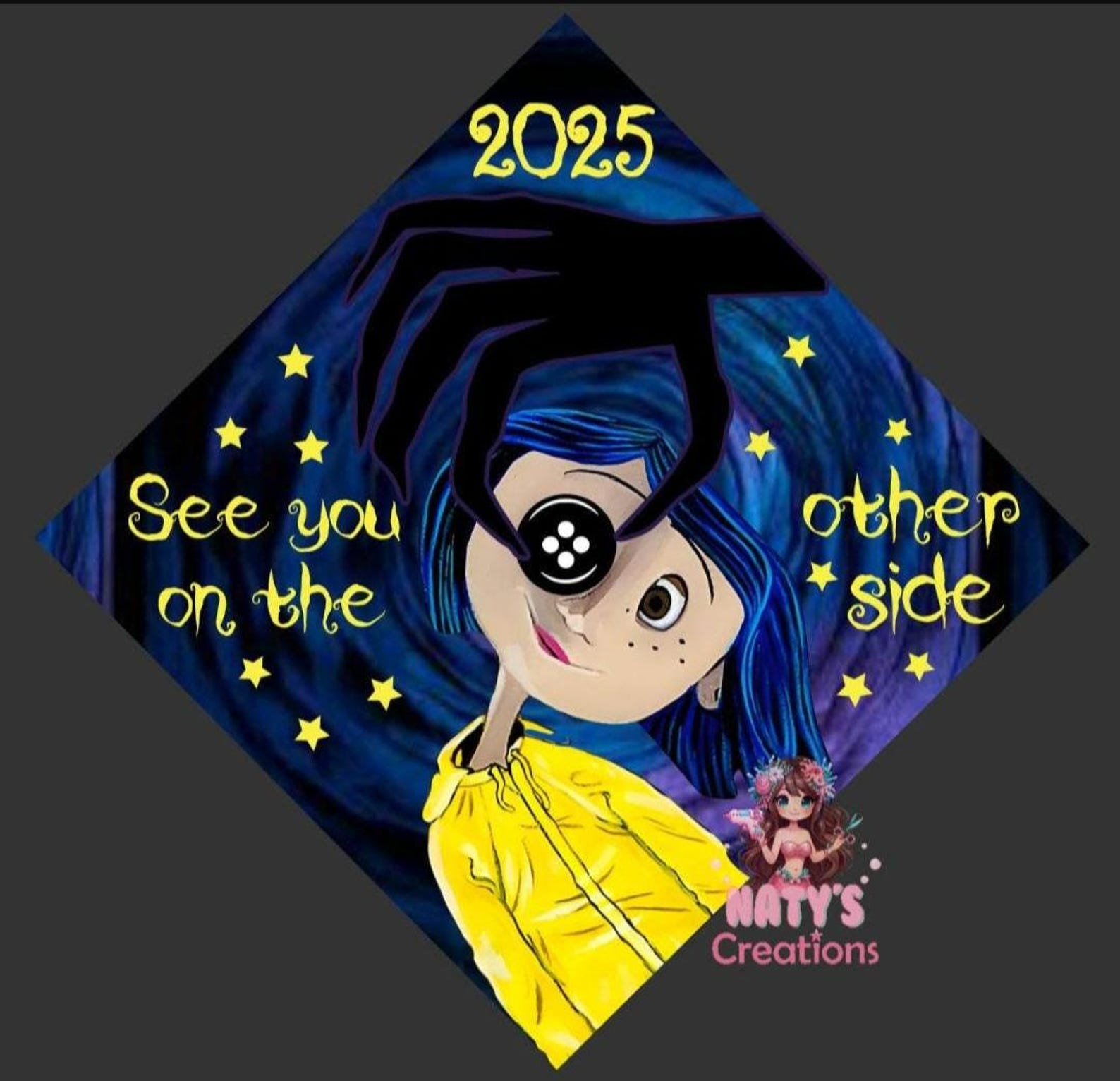 Graduation Cap Topper, Coraline Button Eye Girl, Single Layer Printed ...