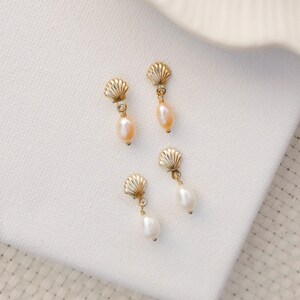 Freshwater Pearl Seashell Drop Earrings in Sterling Silver or 14k Gold Filled, Seashell Dangle ...