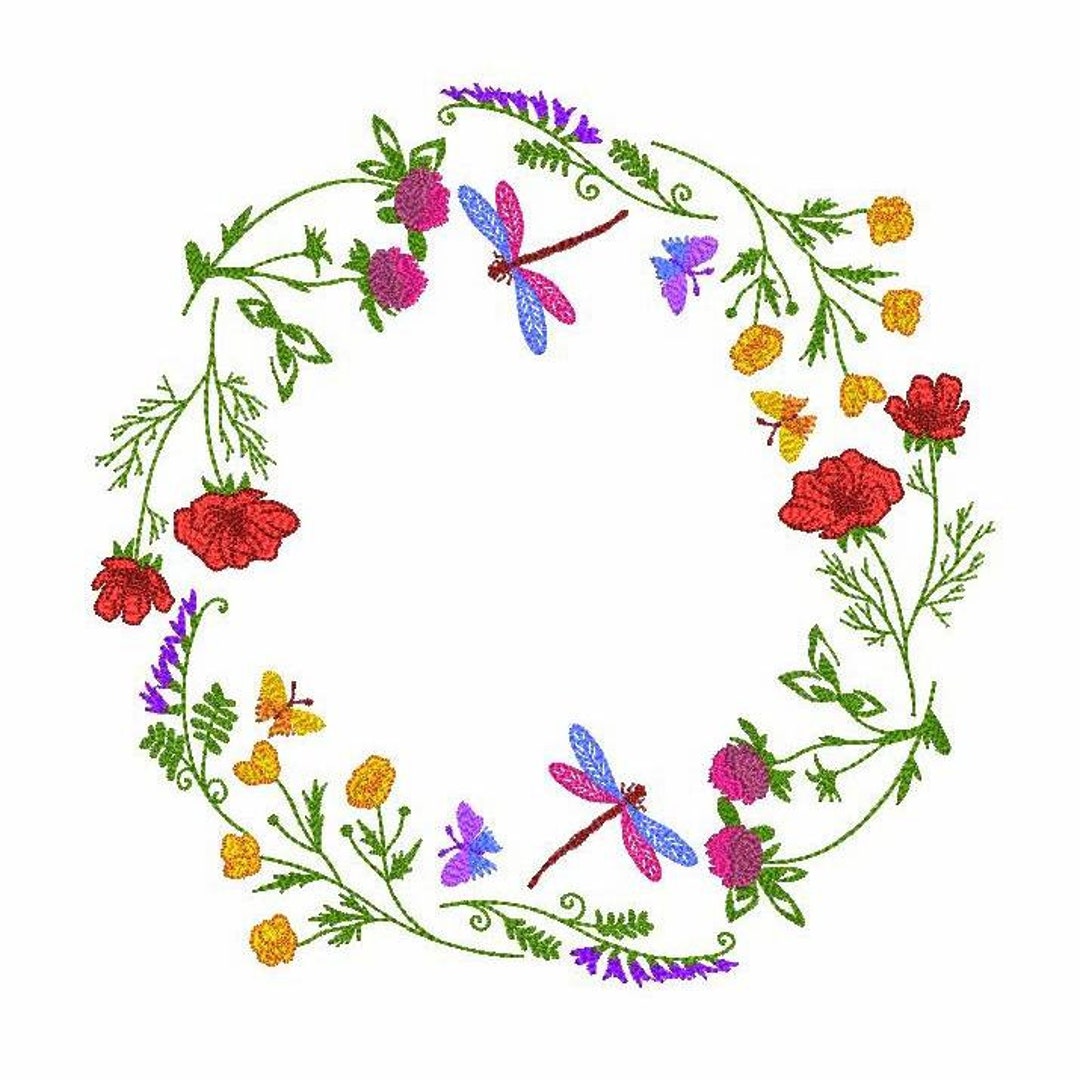 Wildflowers Wreath Machine Embroidery Design 5 SIZES, Wildflowers Frame ...