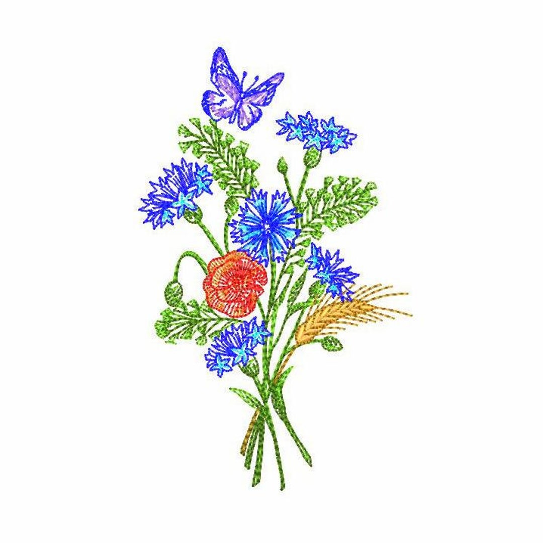 Wildflowers Machine Embroidery Design 4 SIZES, Cornflowers Bouquet ...