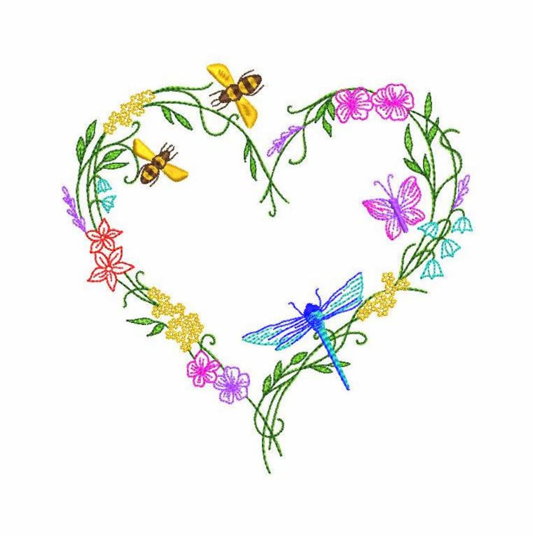Flower Heart Machine Embroidery Design 5 SIZES, Floral Heart Digital ...