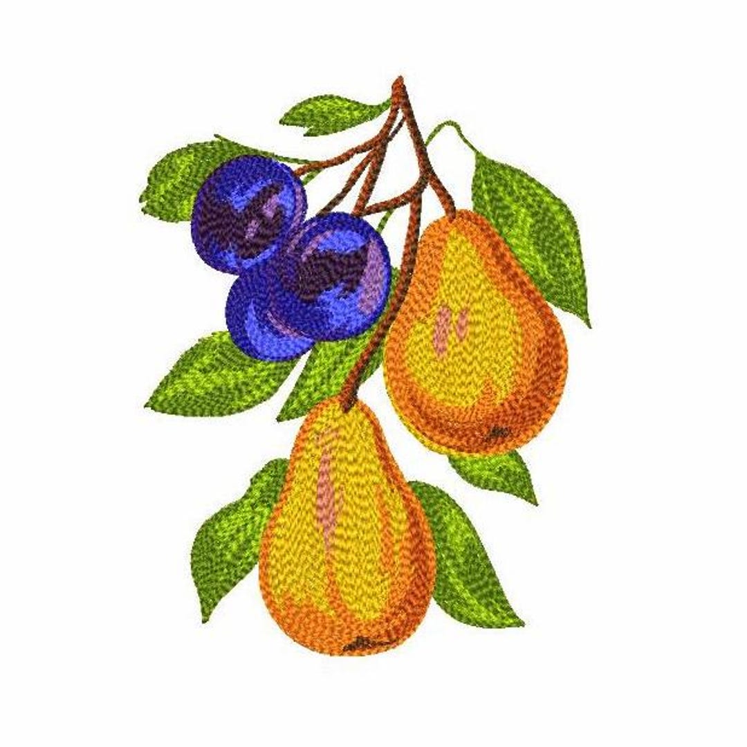 Plum and Pear Branch Machine Embroidery Design 4 SIZES, Fruit Digital ...