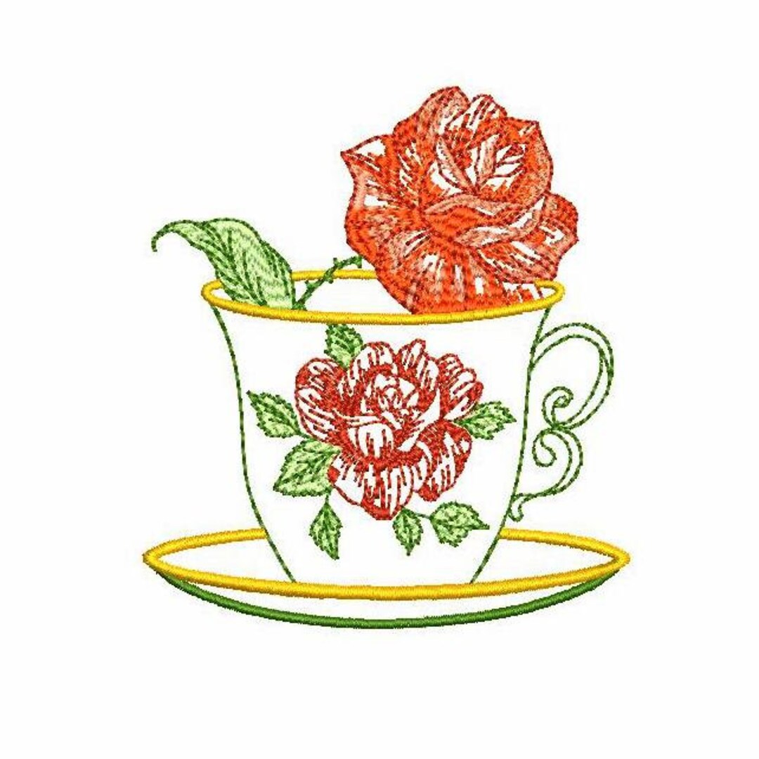 Tea Cup With Rose Machine Embroidery Design 3 Sizes, Sketch Machine ...