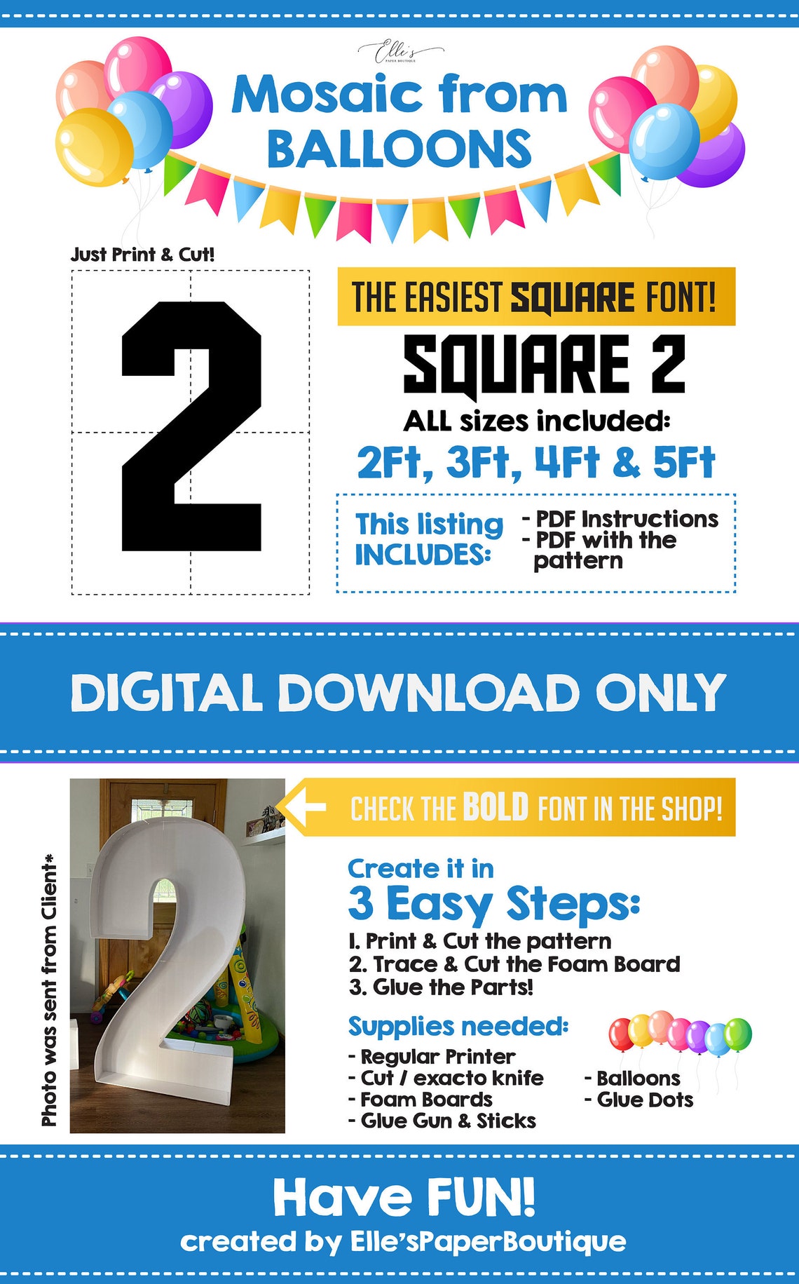 SQUARE Number 2 Balloon Mosaic Template Two Mosaic Number | Etsy Canada