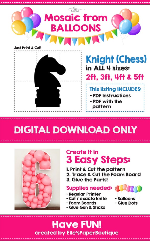 Knight Chess Mosaic From Balloons Chess Mosaic Template | Etsy