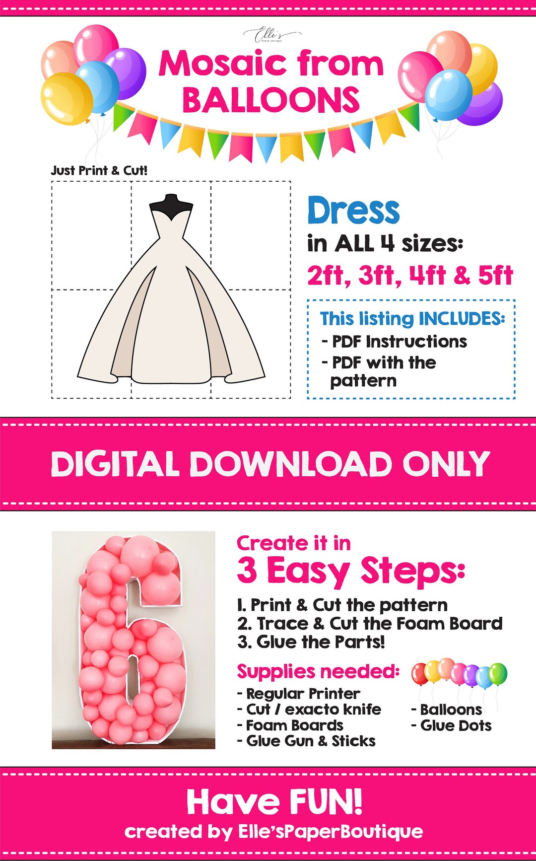 Bridal Dress Mosaic Template, Prom Dress Prop, Giant Dress Balloon ...