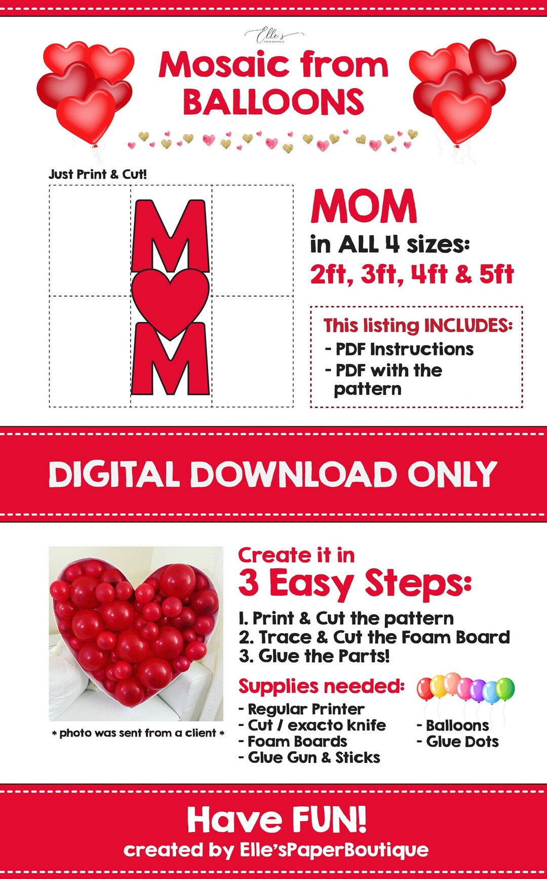 Mother's Day Mosaic Template, Gift for Mom, Heart From Balloons, MOTHER ...