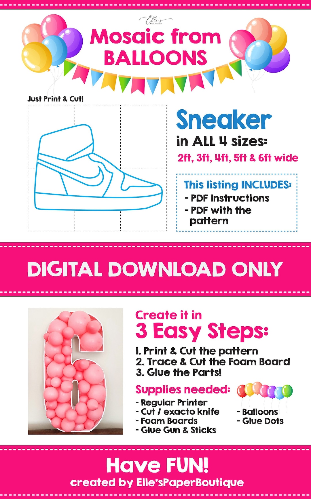 Sneaker Balloon Mosaic Template, DIY Shoe Decor (PDF Pattern, 2-6ft ...