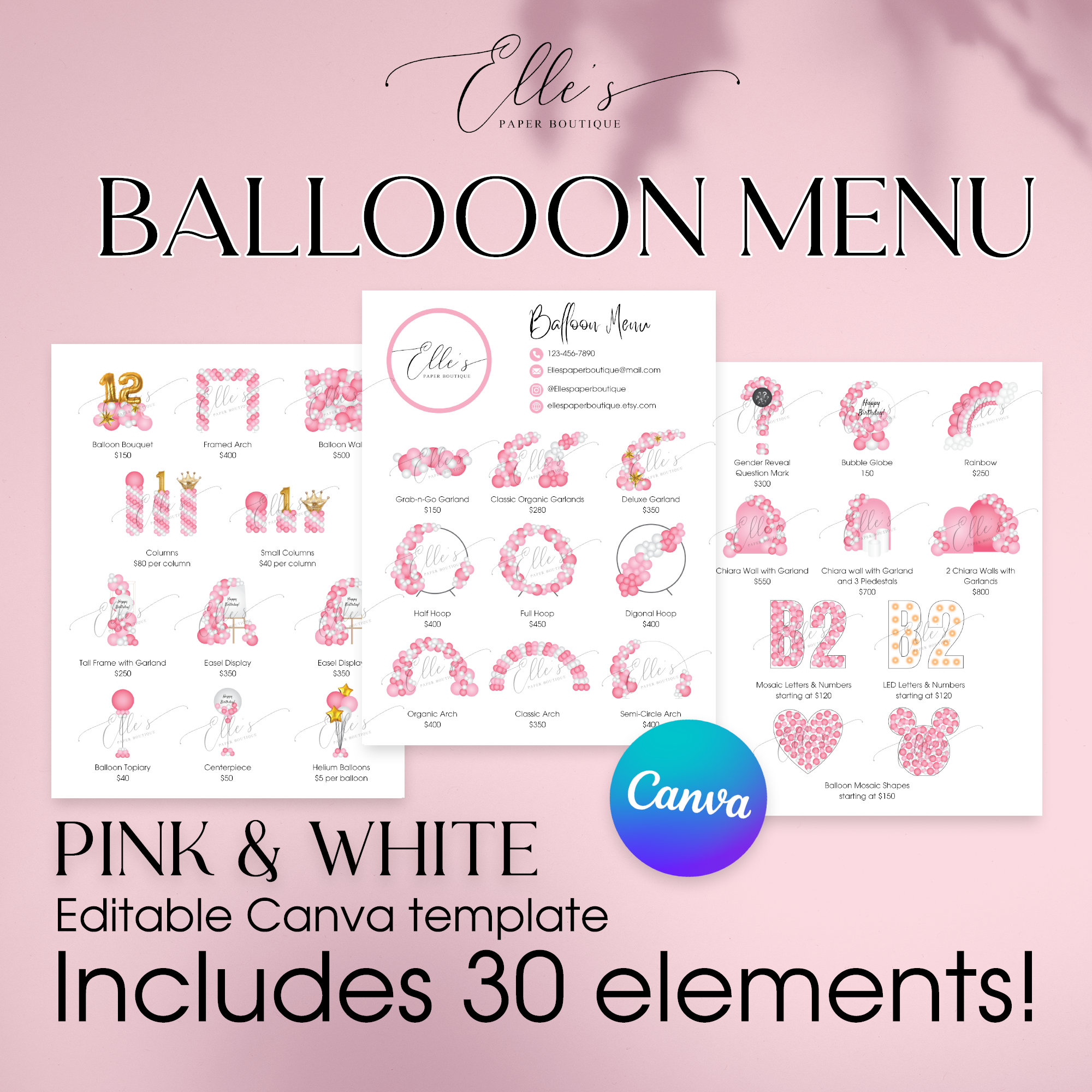 CANVA Balloon Menu, Pink & White, Editable Balloon Menu, Purple Balloon ...