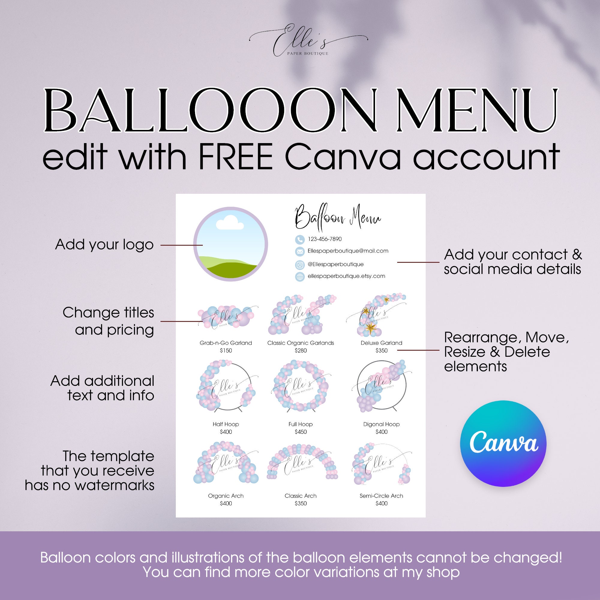 CANVA Balloon Menu, Mermaid Colors Editable Balloon Menu, Purple ...