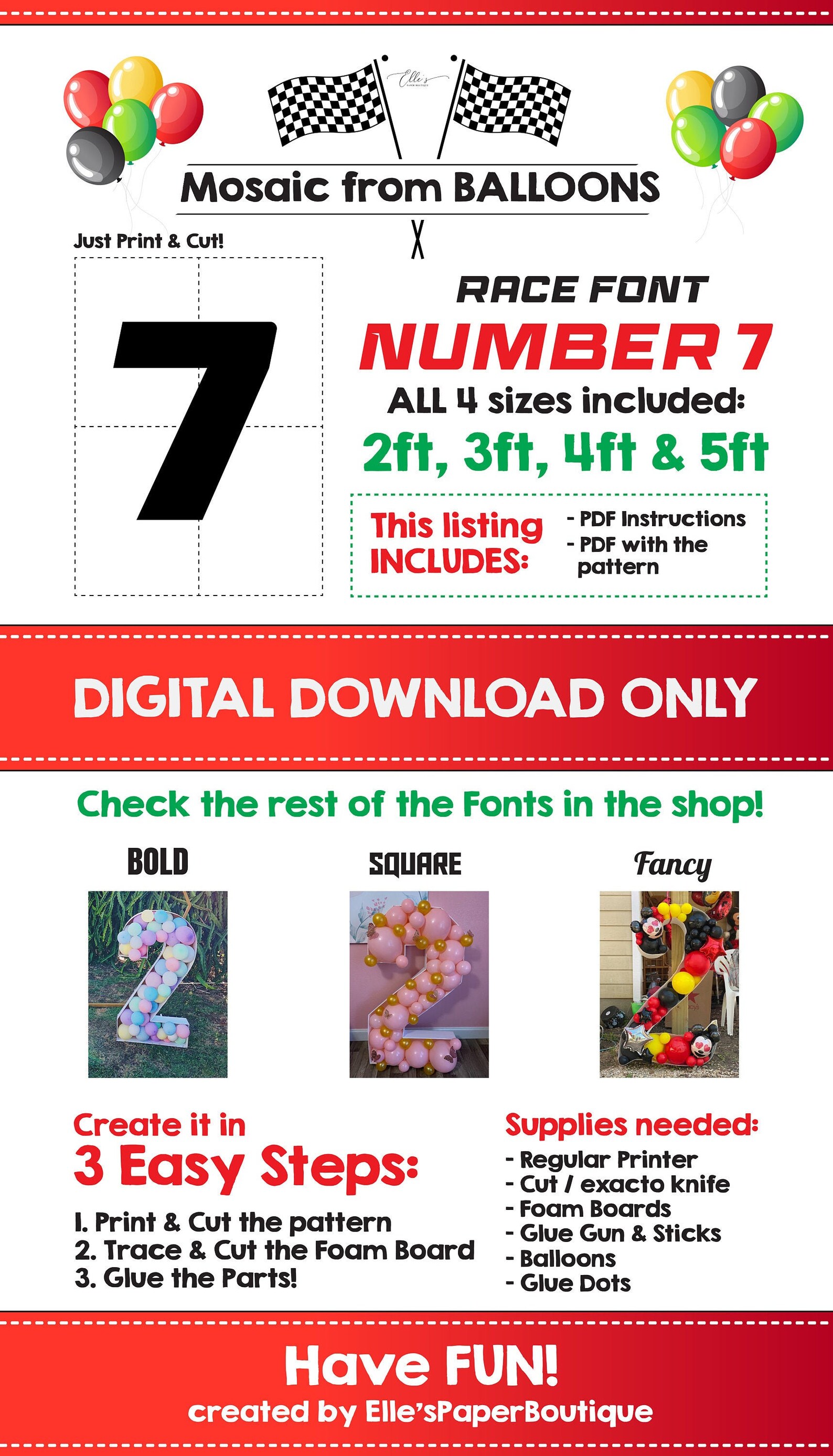 Number 7 RACE Font, Balloon Mosaic Template, Mosaic Number 7 Template ...