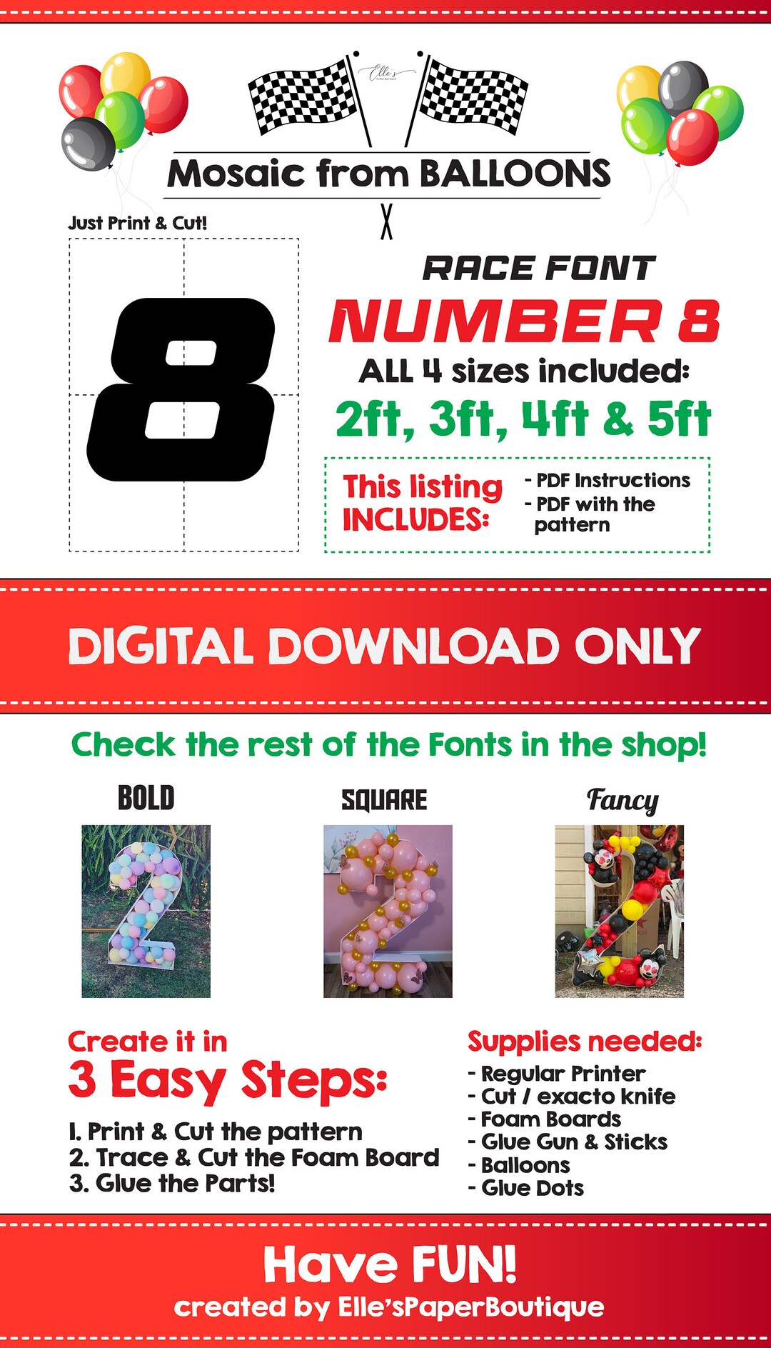 Number 8 RACE Font, Balloon Mosaic Template, Mosaic Number 8 Template ...
