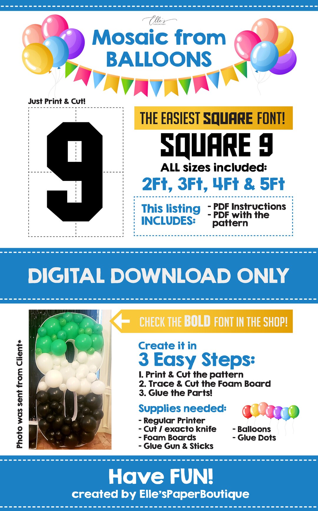 SQUARE Number 9, Balloon Mosaic Template, Nine Mosaic Number Template ...