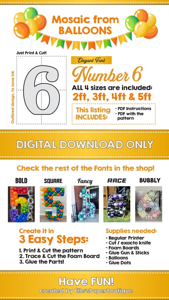 Number 6 ELEGANT Font Balloon Mosaic Template Mosaic Number - Etsy