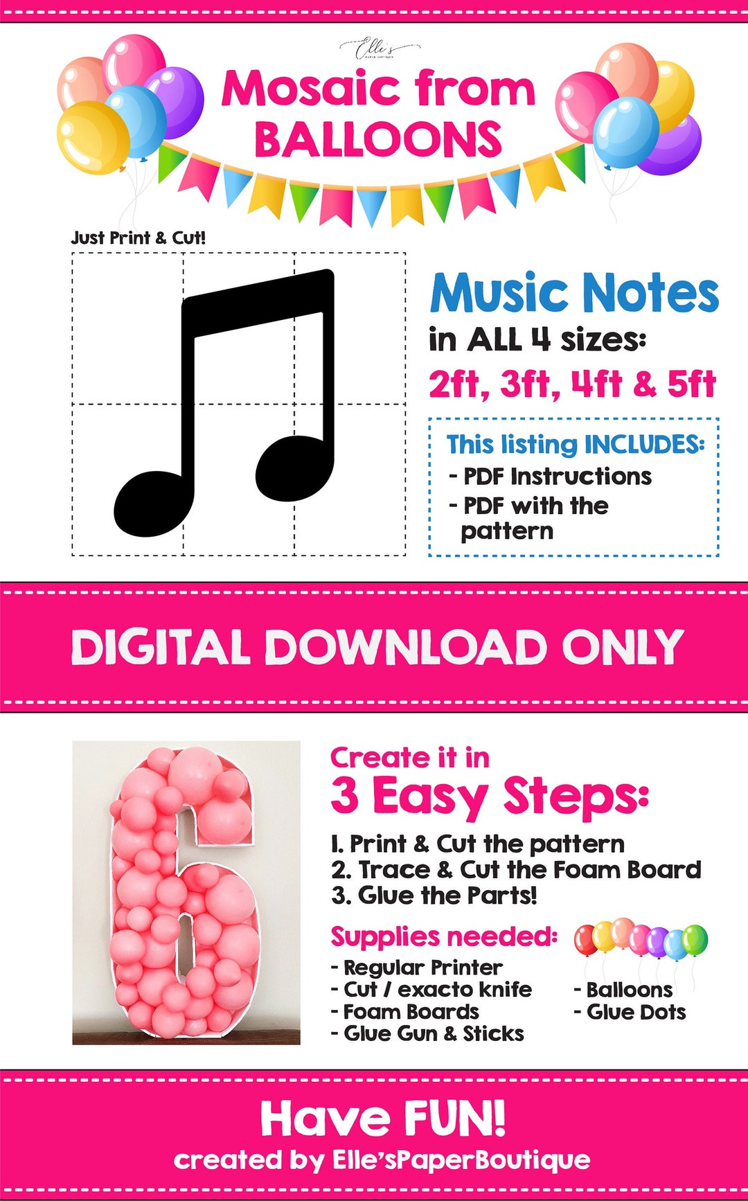Music Notes Mosaic From Balloons, Musical Mosaic Template, Birthday ...