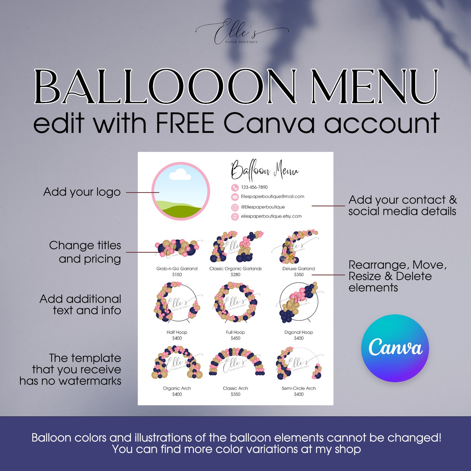 CANVA Balloon Menu, Navy, Gold and Pink, Colors Editable Balloon Menu ...