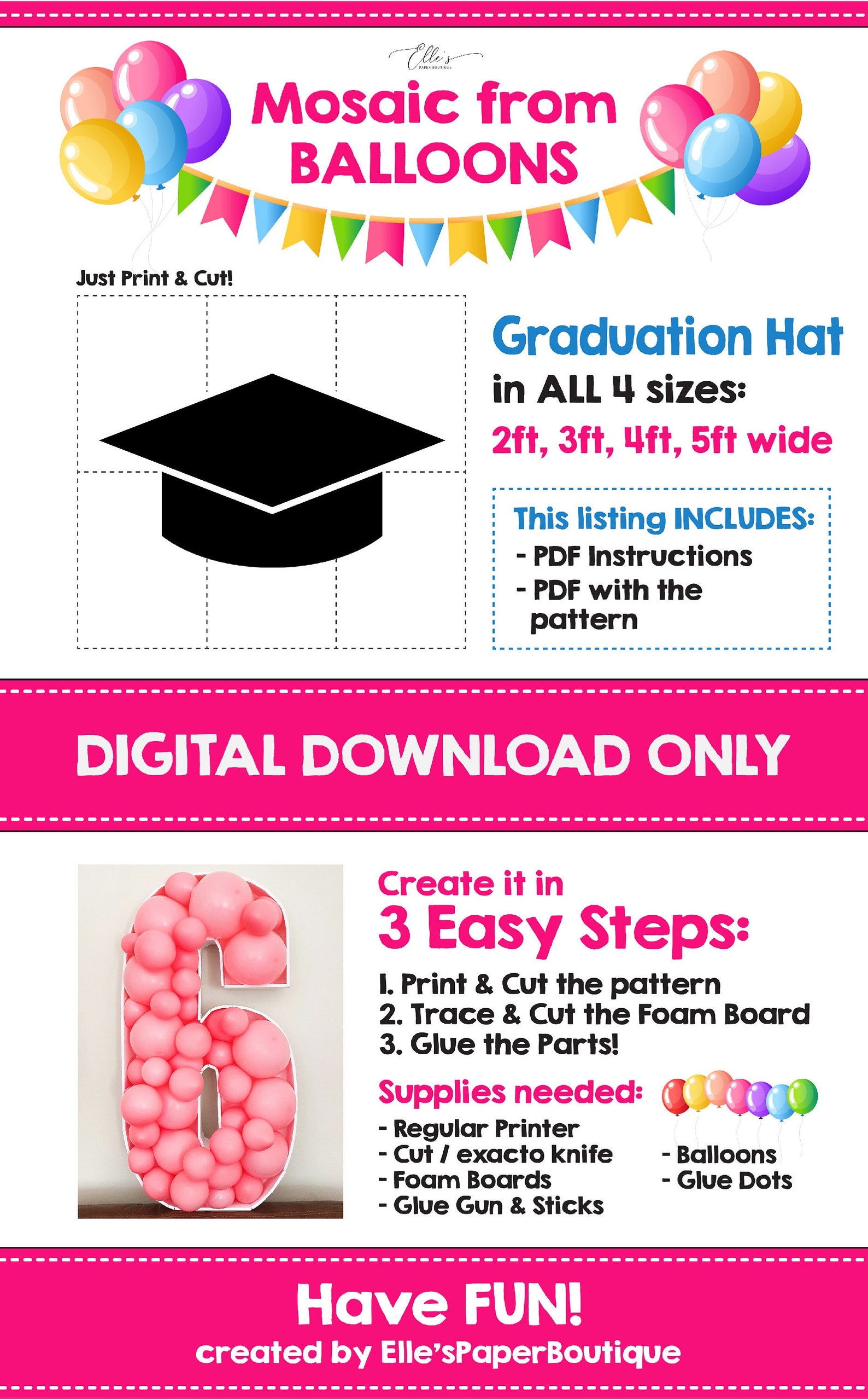 Graduation Hat From Balloons, Mosaic Template, Grad Cap Mosaic From ...