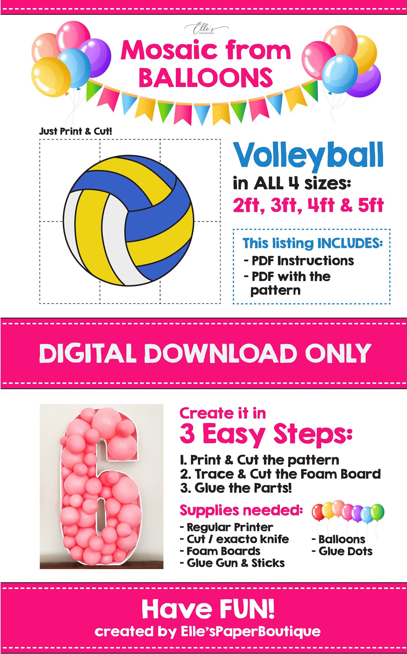 Volleyball From Balloons Volley Mosaic Template Sports - Etsy