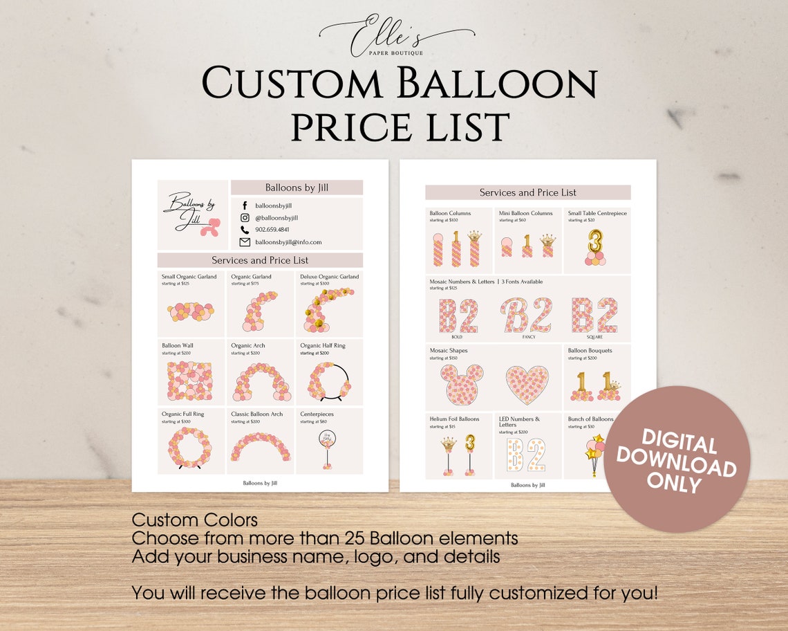 CUSTOM Balloon Menu, Balloon Price List, Balloon Price Guide, DIGITAL ...